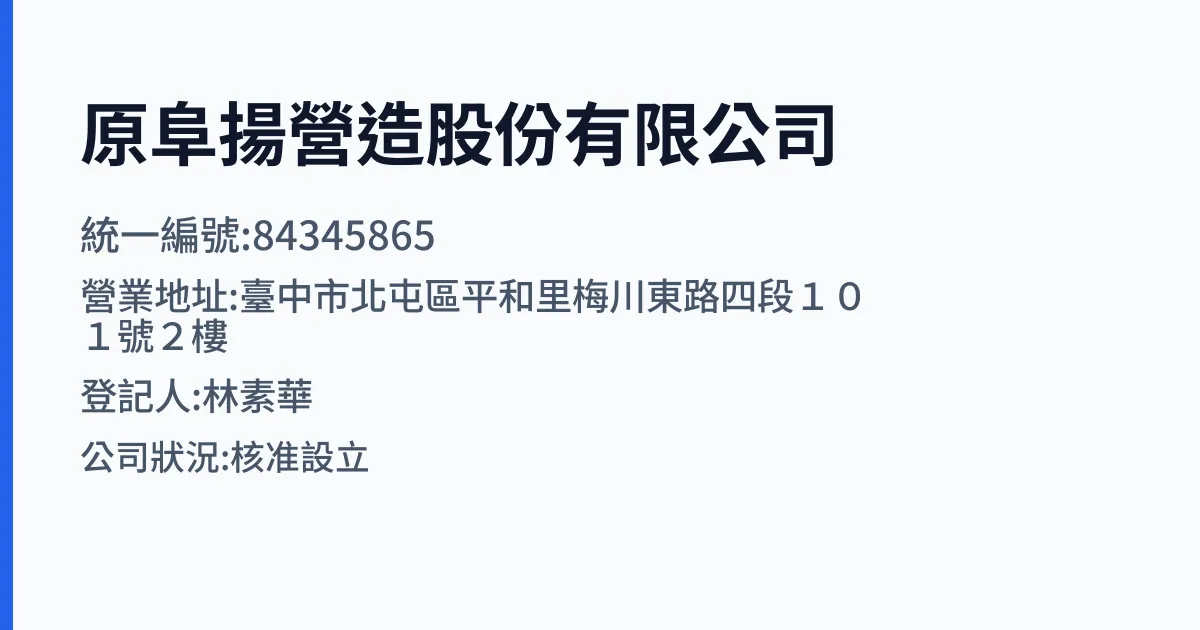 原阜揚營造股份有限公司 - 統編 84345865(臺中市) 公司登記資料與營業項目詳細圖表