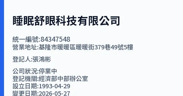 睡眠舒眼科技有限公司的照片-統編 84347548(基隆市) 公司登記資料與營業項目詳細圖表