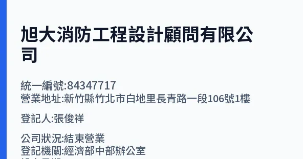 旭大消防工程設計顧問有限公司的照片-統編 84347717(新竹縣) 公司登記資料與營業項目詳細圖表