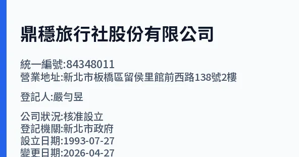 鼎穩旅行社股份有限公司的照片-統編 84348011(新北市) 公司登記資料與營業項目詳細圖表