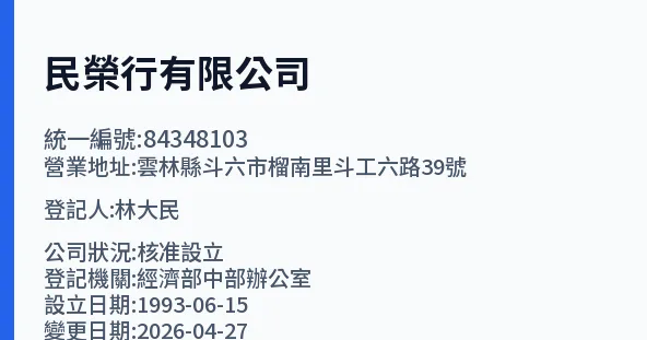 民榮行有限公司的照片-統編 84348103(雲林縣) 公司登記資料與營業項目詳細圖表