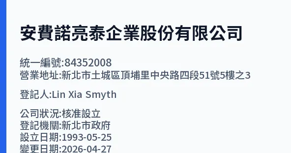 安費諾亮泰企業股份有限公司的照片-統編 84352008(新北市) 公司登記資料與營業項目詳細圖表
