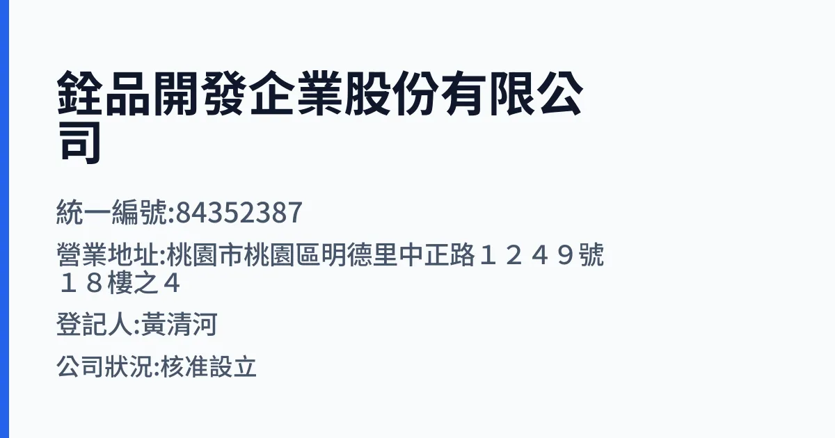 銓品開發企業股份有限公司 - 統編 84352387（桃園市） 公司登記資料與營業項目詳細圖表