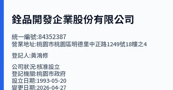 銓品開發企業股份有限公司的照片-統編 84352387(桃園市) 公司登記資料與營業項目詳細圖表