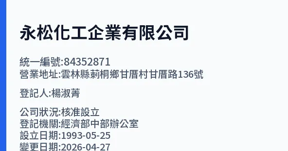 永松化工企業有限公司的照片-統編 84352871(雲林縣) 公司登記資料與營業項目詳細圖表