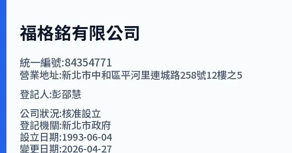 福格銘有限公司的照片-統編 84354771(新北市) 公司登記資料與營業項目詳細圖表