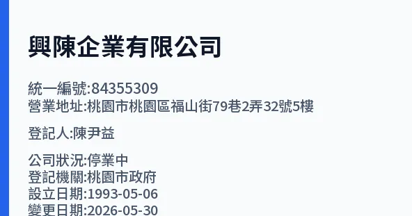 興陳企業有限公司的照片-統編 84355309(桃園市) 公司登記資料與營業項目詳細圖表