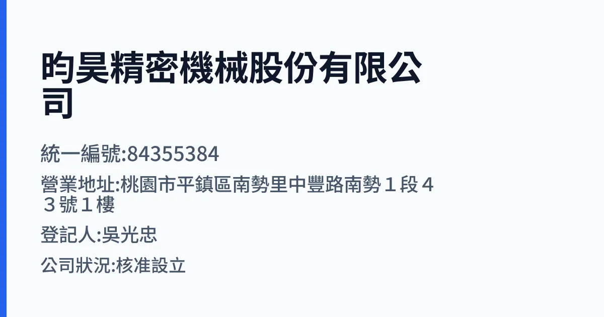 昀昊精密機械股份有限公司 - 統編 84355384(桃園市) 公司登記資料與營業項目詳細圖表