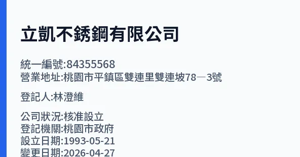 立凱不銹鋼有限公司的照片-統編 84355568(桃園市) 公司登記資料與營業項目詳細圖表