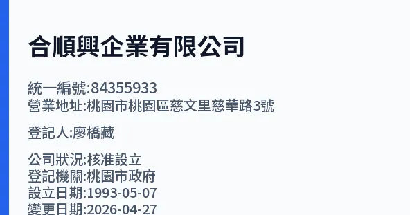 合順興企業有限公司的照片-統編 84355933(桃園市) 公司登記資料與營業項目詳細圖表