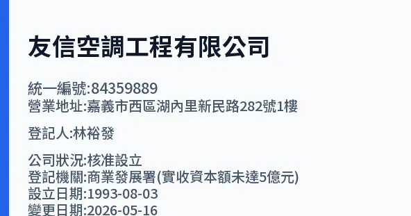 友信空調工程有限公司的照片-統編 84359889(嘉義市) 公司登記資料與營業項目詳細圖表