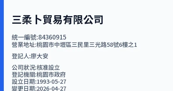 三柔卜貿易有限公司的照片-統編 84360915(桃園市) 公司登記資料與營業項目詳細圖表