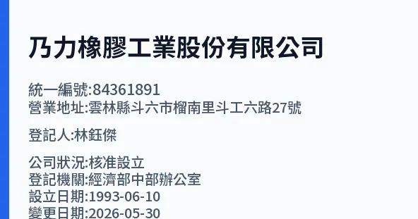 乃力橡膠工業股份有限公司的照片-統編 84361891(雲林縣) 公司登記資料與營業項目詳細圖表