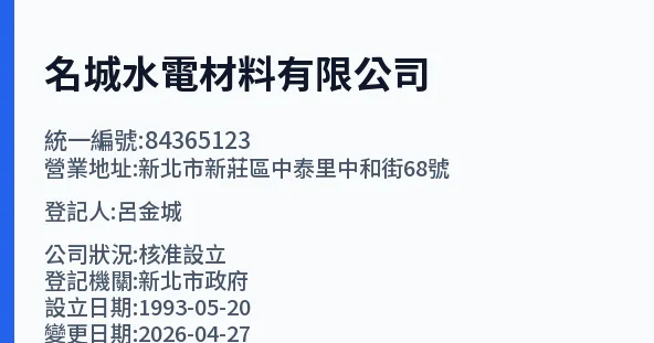 名城水電材料有限公司的照片-統編 84365123(新北市) 公司登記資料與營業項目詳細圖表
