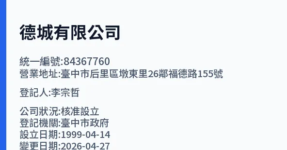 德城有限公司的照片-統編 84367760(臺中市) 公司登記資料與營業項目詳細圖表