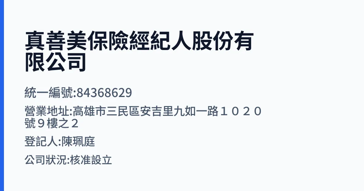 真善美保險經紀人股份有限公司 - 統編 84368629(高雄市) 公司登記資料與營業項目詳細圖表