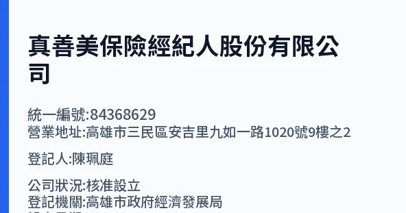 真善美保險經紀人股份有限公司的照片-統編 84368629(高雄市) 公司登記資料與營業項目詳細圖表