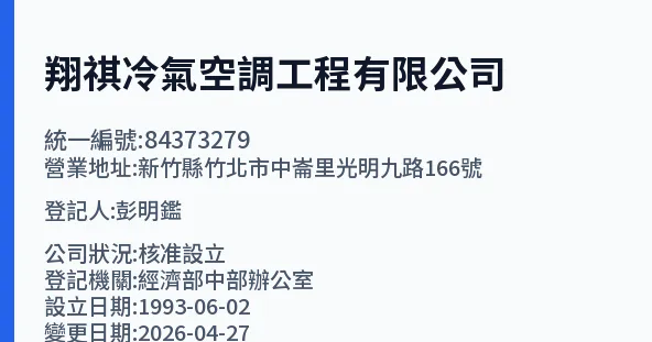 翔祺冷氣空調工程有限公司的照片-統編 84373279(新竹縣) 公司登記資料與營業項目詳細圖表