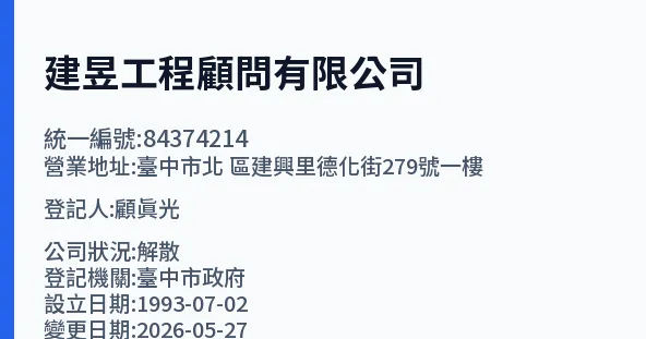 建昱工程顧問有限公司的照片-統編 84374214(臺中市) 公司登記資料與營業項目詳細圖表