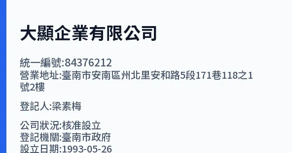 大顯企業有限公司的照片-統編 84376212(臺南市) 公司登記資料與營業項目詳細圖表