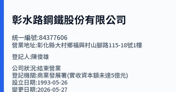 彰水路鋼鐵股份有限公司的照片-統編 84377606(彰化縣) 公司登記資料與營業項目詳細圖表