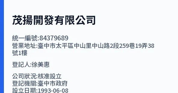 茂揚開發有限公司的照片-統編 84379689(臺中市) 公司登記資料與營業項目詳細圖表