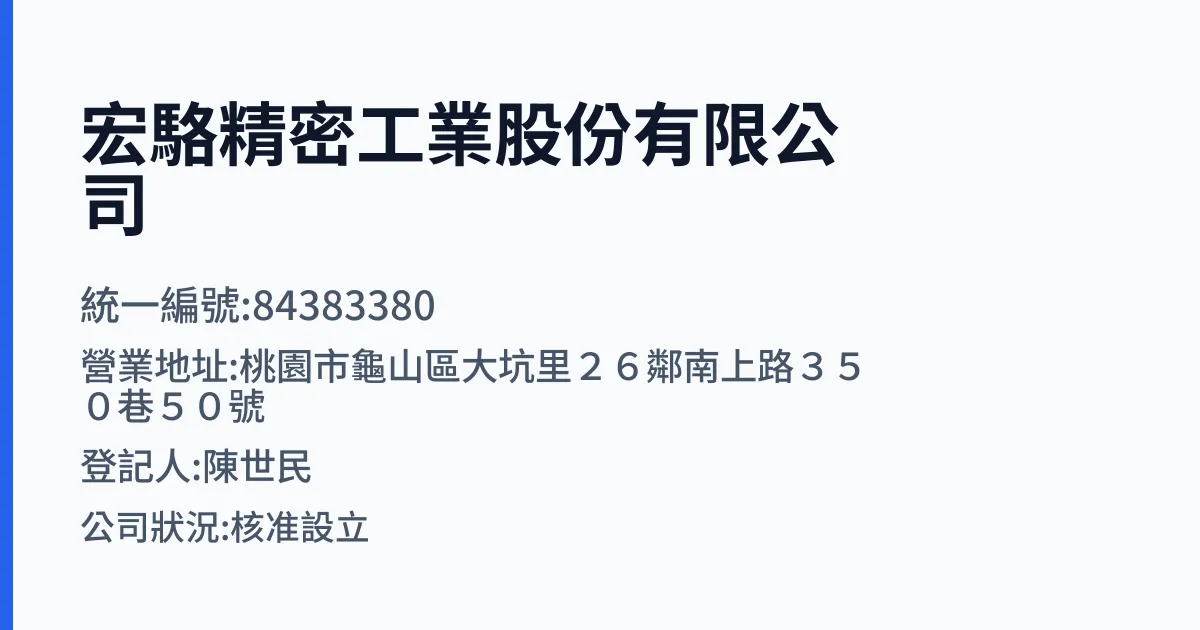 宏駱精密工業股份有限公司 - 統編 84383380(桃園市) 公司登記資料與營業項目詳細圖表