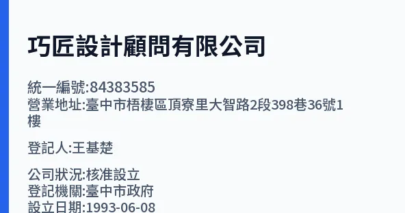 巧匠設計顧問有限公司的照片-統編 84383585(臺中市) 公司登記資料與營業項目詳細圖表