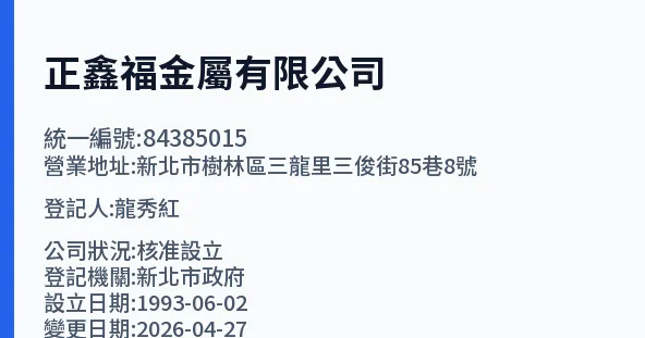 正鑫福金屬有限公司的照片-統編 84385015(新北市) 公司登記資料與營業項目詳細圖表
