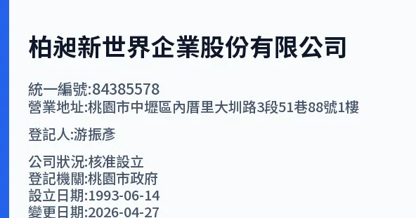柏昶新世界企業股份有限公司的照片-統編 84385578(桃園市) 公司登記資料與營業項目詳細圖表
