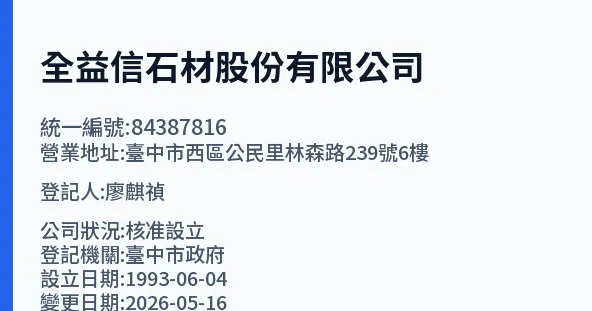 全益信石材股份有限公司的照片-統編 84387816(臺中市) 公司登記資料與營業項目詳細圖表