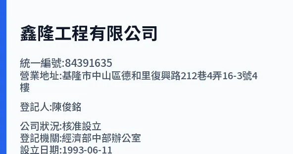 鑫隆工程有限公司的照片-統編 84391635(基隆市) 公司登記資料與營業項目詳細圖表