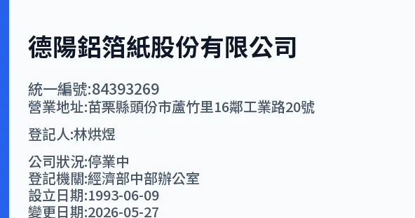 德陽鋁箔紙股份有限公司的照片-統編 84393269(苗栗縣) 公司登記資料與營業項目詳細圖表