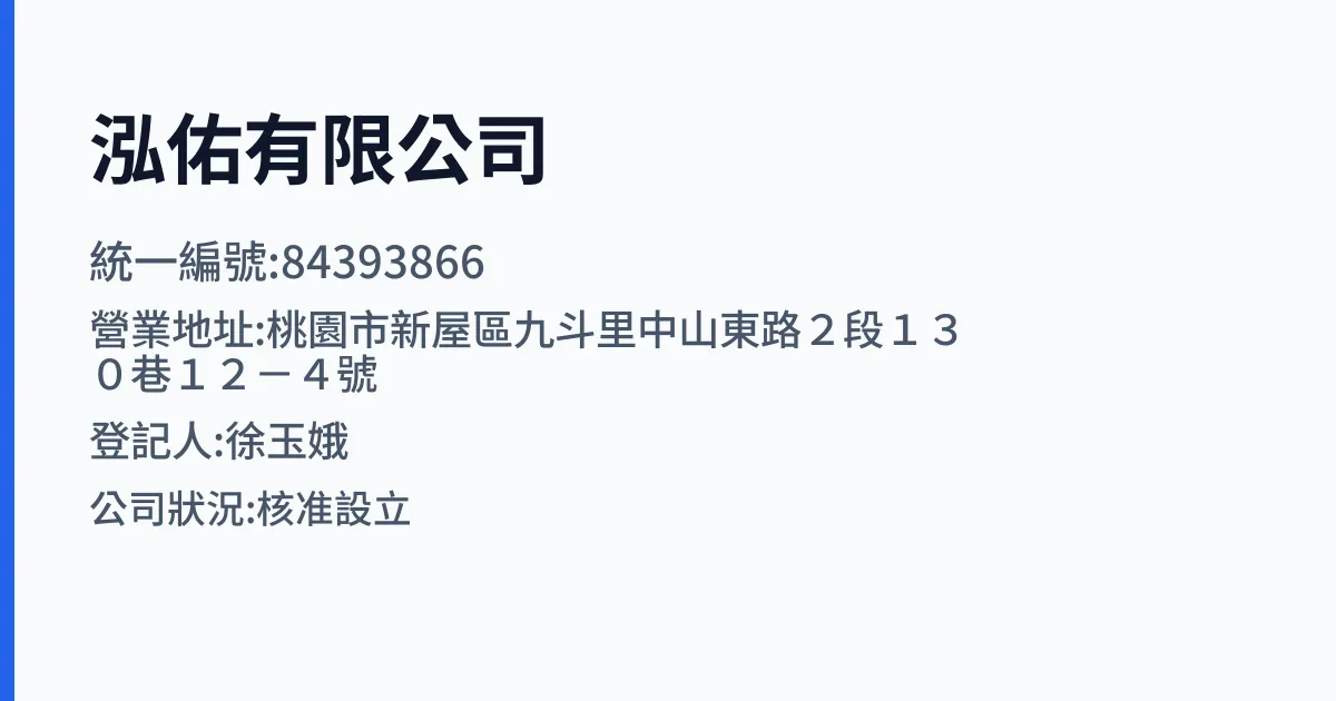 泓佑有限公司 - 統編 84393866(桃園市) 公司登記資料與營業項目詳細圖表