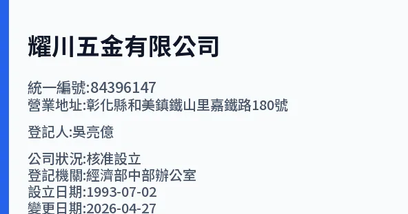 耀川五金有限公司的照片-統編 84396147(彰化縣) 公司登記資料與營業項目詳細圖表