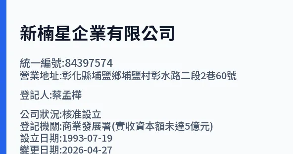 新楠星企業有限公司的照片-統編 84397574(彰化縣) 公司登記資料與營業項目詳細圖表