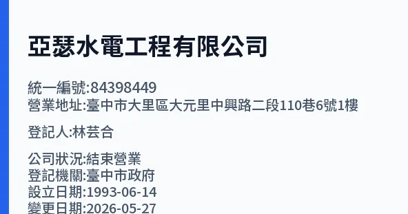 亞瑟水電工程有限公司的照片-統編 84398449(臺中市) 公司登記資料與營業項目詳細圖表