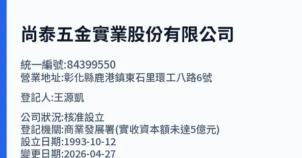 尚泰五金實業股份有限公司的照片-統編 84399550(彰化縣) 公司登記資料與營業項目詳細圖表