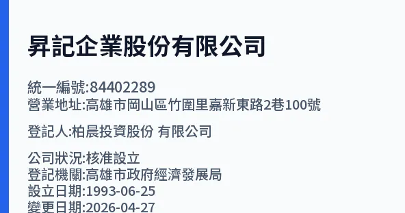 昇記企業股份有限公司的照片-統編 84402289(高雄市) 公司登記資料與營業項目詳細圖表