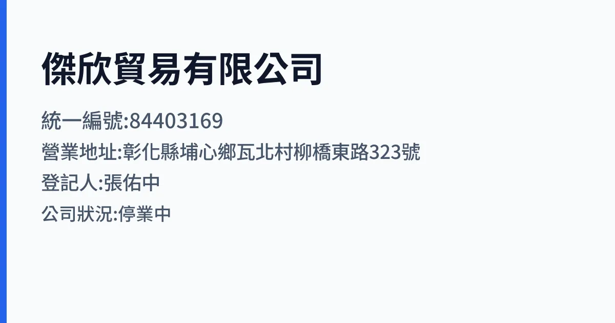 傑欣貿易有限公司 - 統編 84403169（彰化縣） 公司登記資料與營業項目詳細圖表