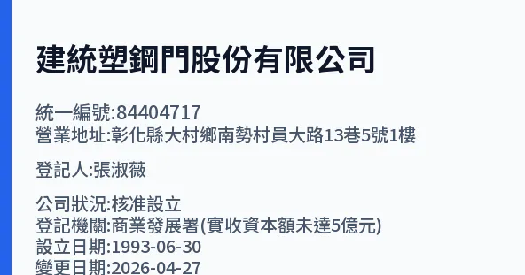 建統塑鋼門股份有限公司的照片-統編 84404717(彰化縣) 公司登記資料與營業項目詳細圖表
