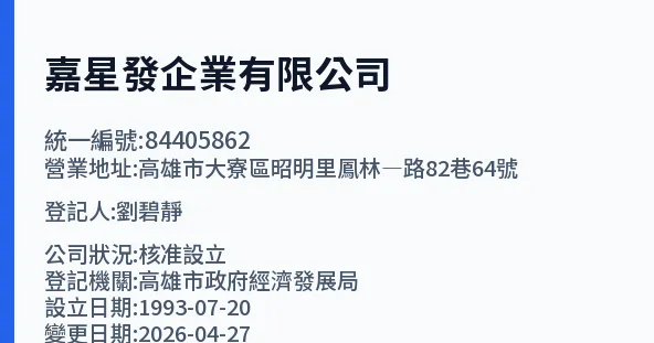嘉星發企業有限公司的照片-統編 84405862(高雄市) 公司登記資料與營業項目詳細圖表