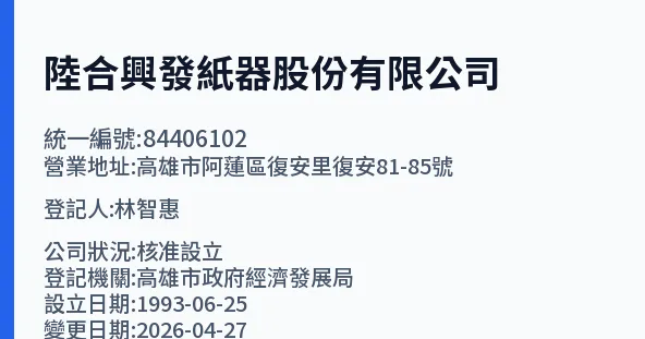 陸合興發紙器股份有限公司的照片-統編 84406102(高雄市) 公司登記資料與營業項目詳細圖表