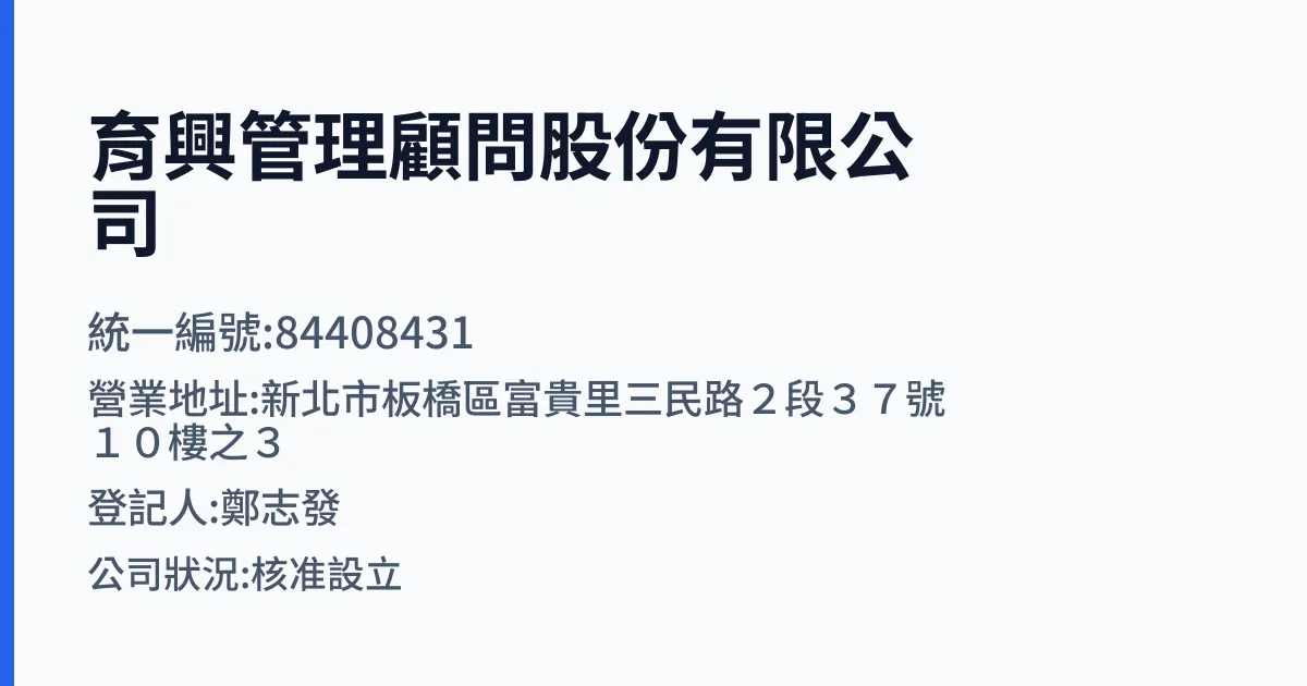 育興管理顧問股份有限公司 - 統編 84408431(新北市) 公司登記資料與營業項目詳細圖表