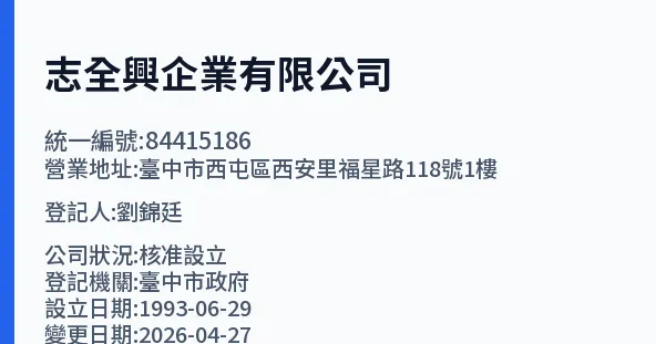 志全興企業有限公司的照片-統編 84415186(臺中市) 公司登記資料與營業項目詳細圖表