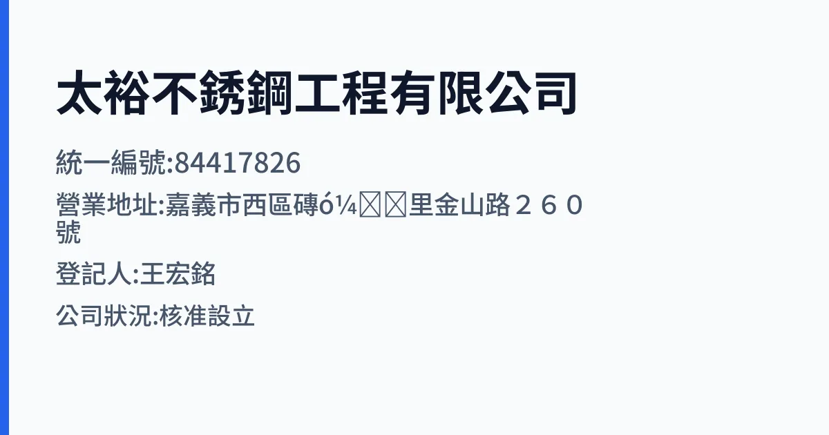 太裕不銹鋼工程有限公司 - 統編 84417826（嘉義市） 公司登記資料與營業項目詳細圖表