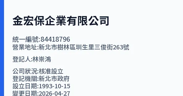 金宏保企業有限公司的照片-統編 84418796(新北市) 公司登記資料與營業項目詳細圖表