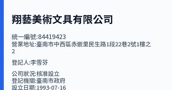 翔藝美術文具有限公司的照片-統編 84419423(臺南市) 公司登記資料與營業項目詳細圖表
