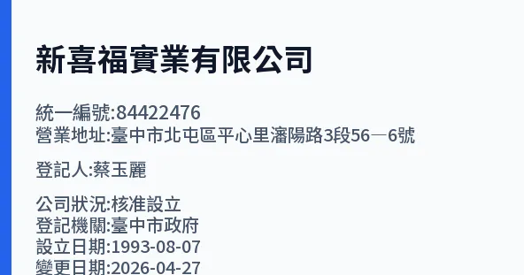 新喜福實業有限公司的照片-統編 84422476(臺中市) 公司登記資料與營業項目詳細圖表
