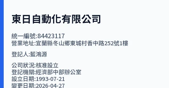 東日自動化有限公司的照片-統編 84423117(宜蘭縣) 公司登記資料與營業項目詳細圖表